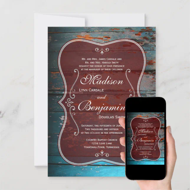 Rustic Red Blue Wood Country Wedding Invitations | Zazzle