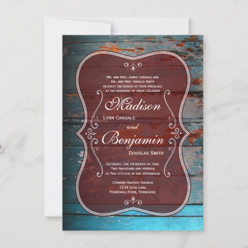 Rustic Red Blue Wood Country Wedding Invitations | Zazzle