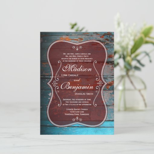 Rustic Red Blue Wood Country Wedding Invitations | Zazzle