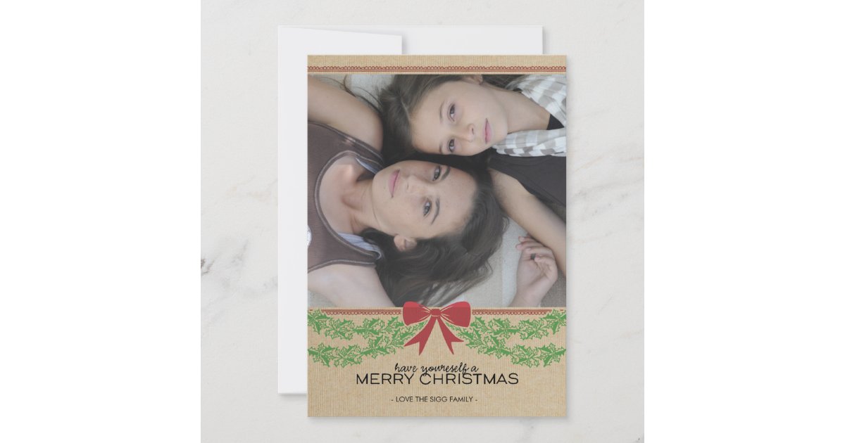 Rustic Red Bow & Garland Holiday Photo Card | Zazzle