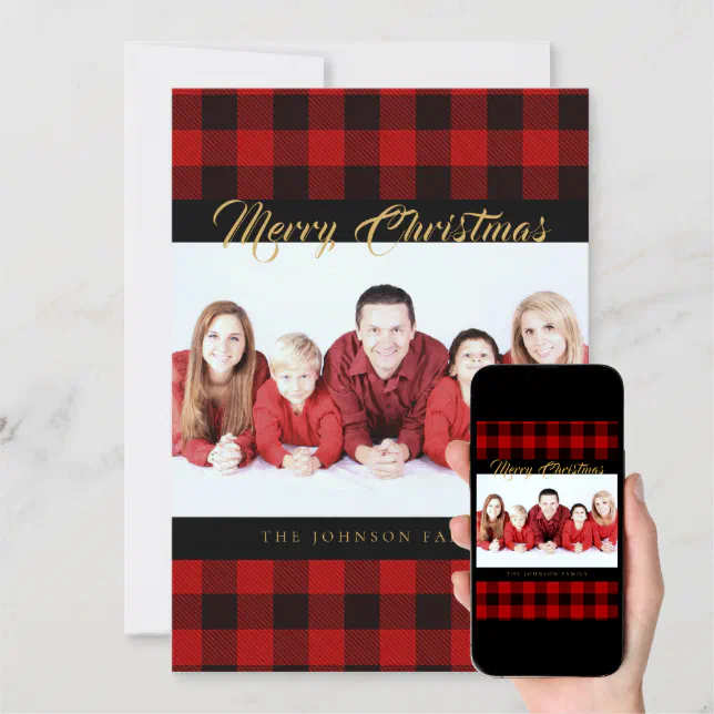 Rustic Red Buffalo Check Christmas Photo Cards | Zazzle