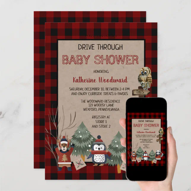 Rustic Red Buffalo Checks Drive Thru Baby Shower I Invitation | Zazzle
