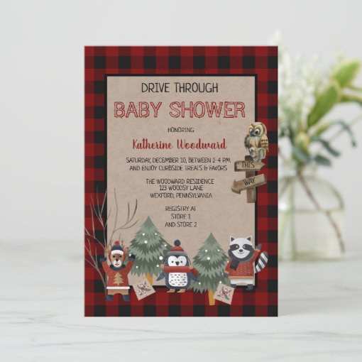 Rustic Red Buffalo Checks Drive Thru Baby Shower I Invitation | Zazzle