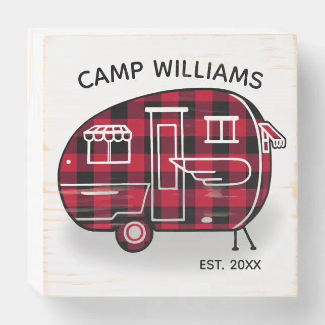 Rustic Red Buffalo Plaid Camper Family Wooden Box Sign | Zazzle