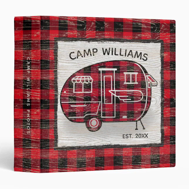 Rustic Red Buffalo Plaid Camper Monogram Name 3 Ring Binder | Zazzle