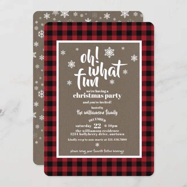 Rustic Red Buffalo Plaid Christmas Party Invitation | Zazzle