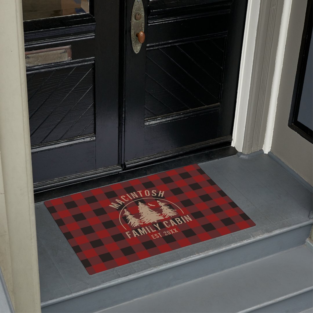 Rustic Red Buffalo Plaid Forest Woods Personalized Doormat | Zazzle