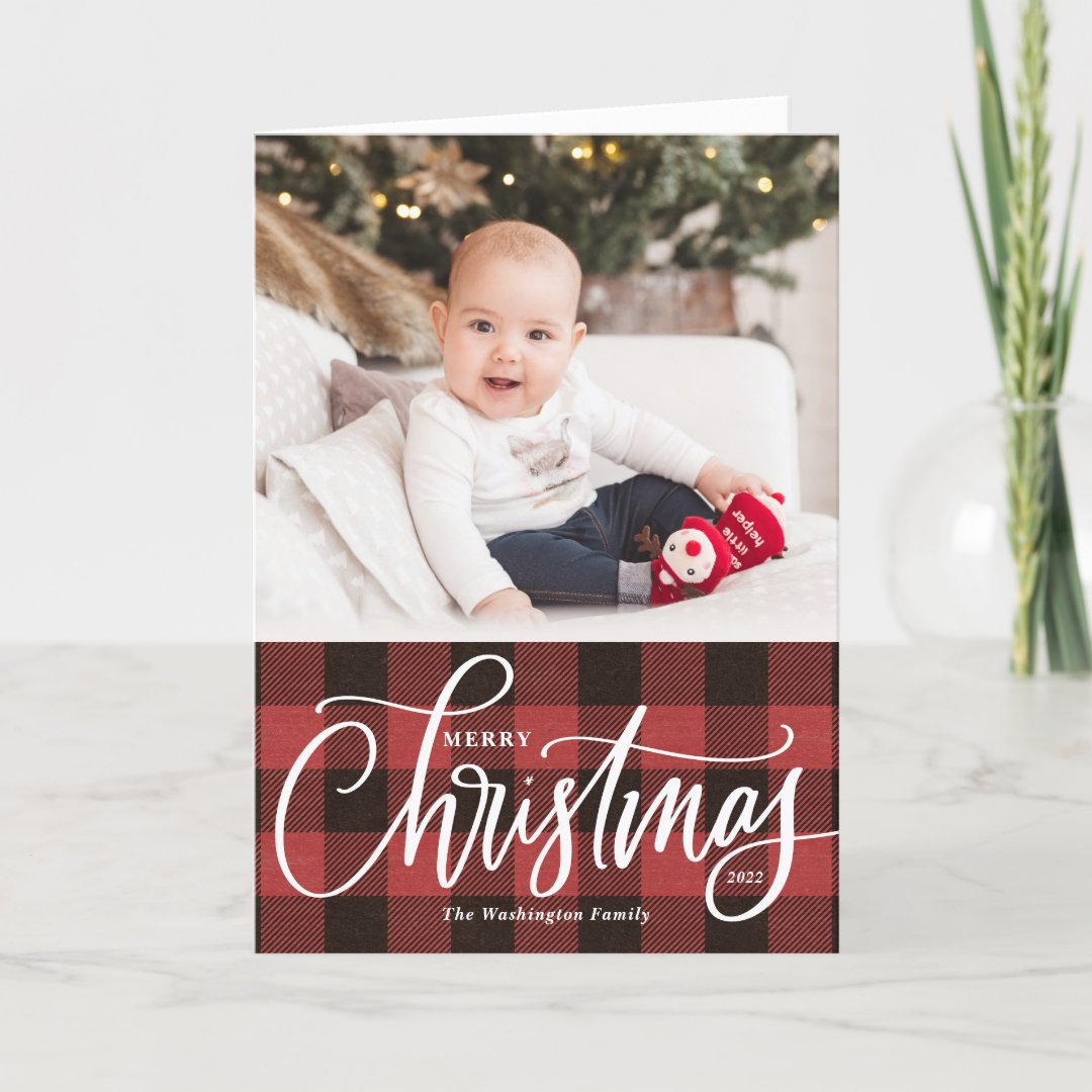 Rustic Red Buffalo Plaid Merry Christmas Photo Holiday Card | Zazzle