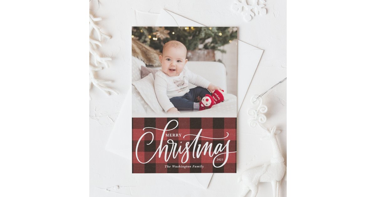 Rustic Red Buffalo Plaid Merry Christmas Photo Holiday Card | Zazzle