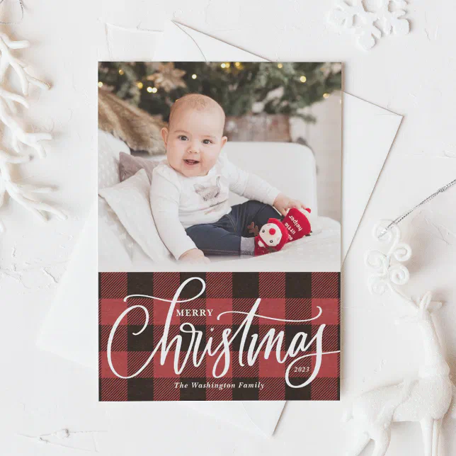 Rustic Red Buffalo Plaid Merry Christmas Photo Holiday Card | Zazzle