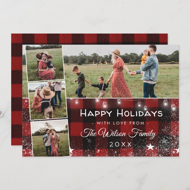 Rustic Red Buffalo Plaid String Lights Mason Jars Holiday Card | Zazzle