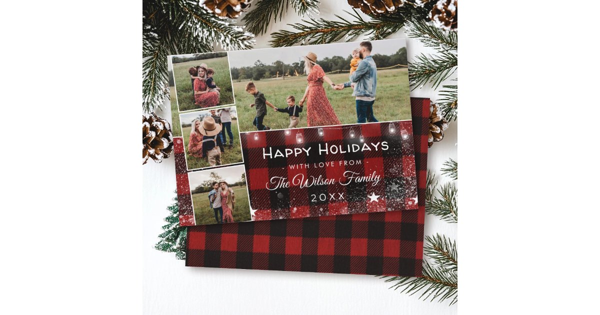 Rustic Red Buffalo Plaid String Lights Mason Jars Holiday Card | Zazzle
