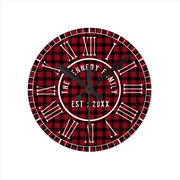 Rustic Red Buffalo Plaid White Roman Numerals Round Clock | Zazzle.com