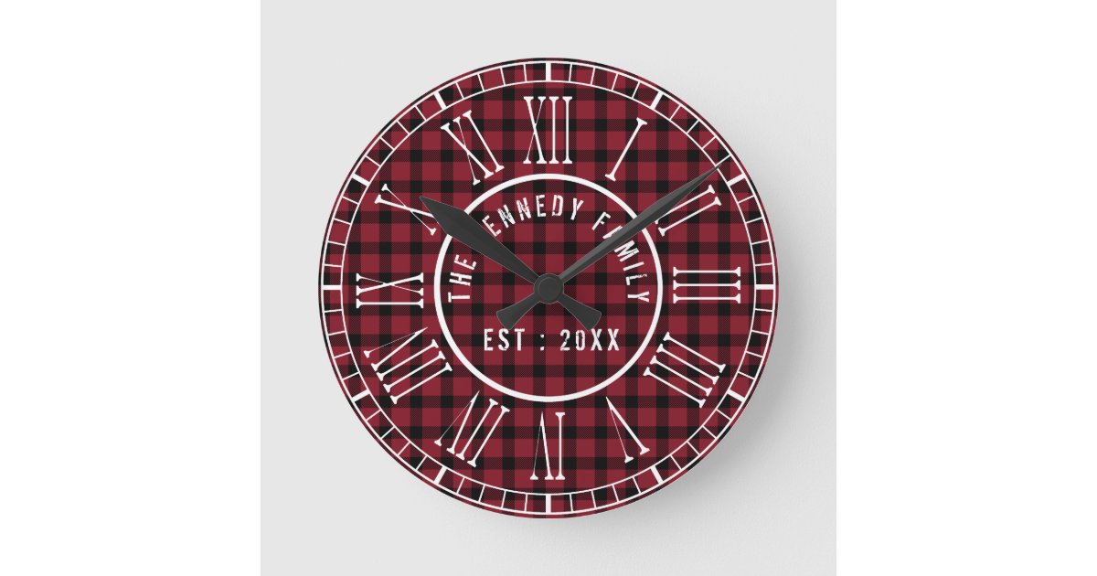 Rustic Red Buffalo Plaid White Roman Numerals Round Clock | Zazzle
