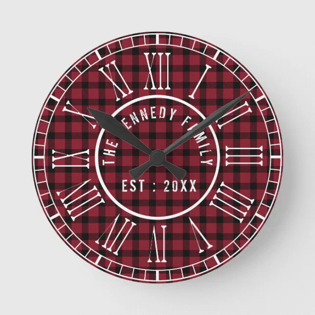 Rustic Red Buffalo Plaid White Roman Numerals Round Clock | Zazzle