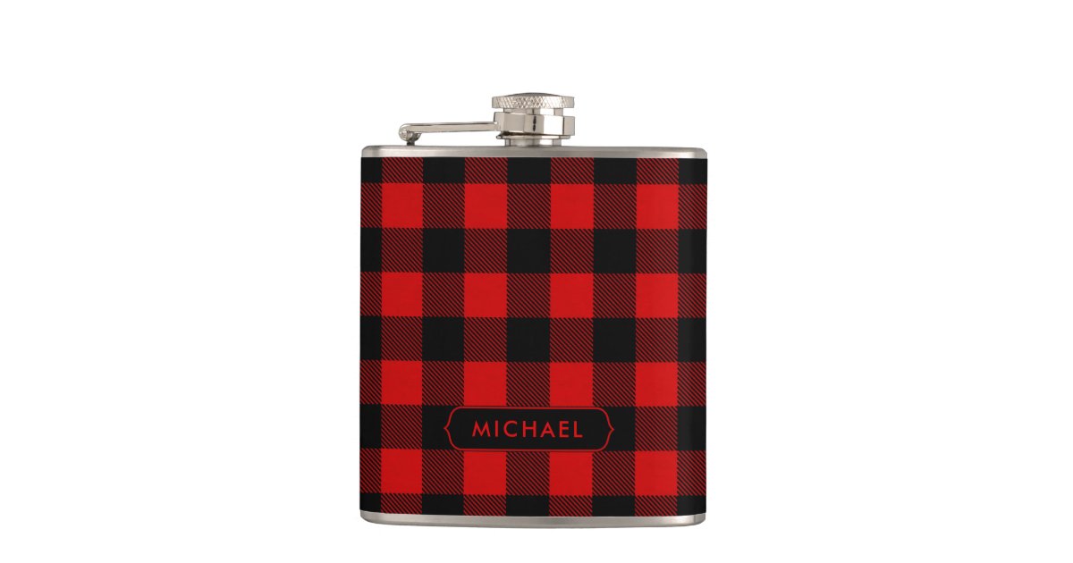 Rustic Red Buffalo Plaid with Any Name Hip Flask | Zazzle