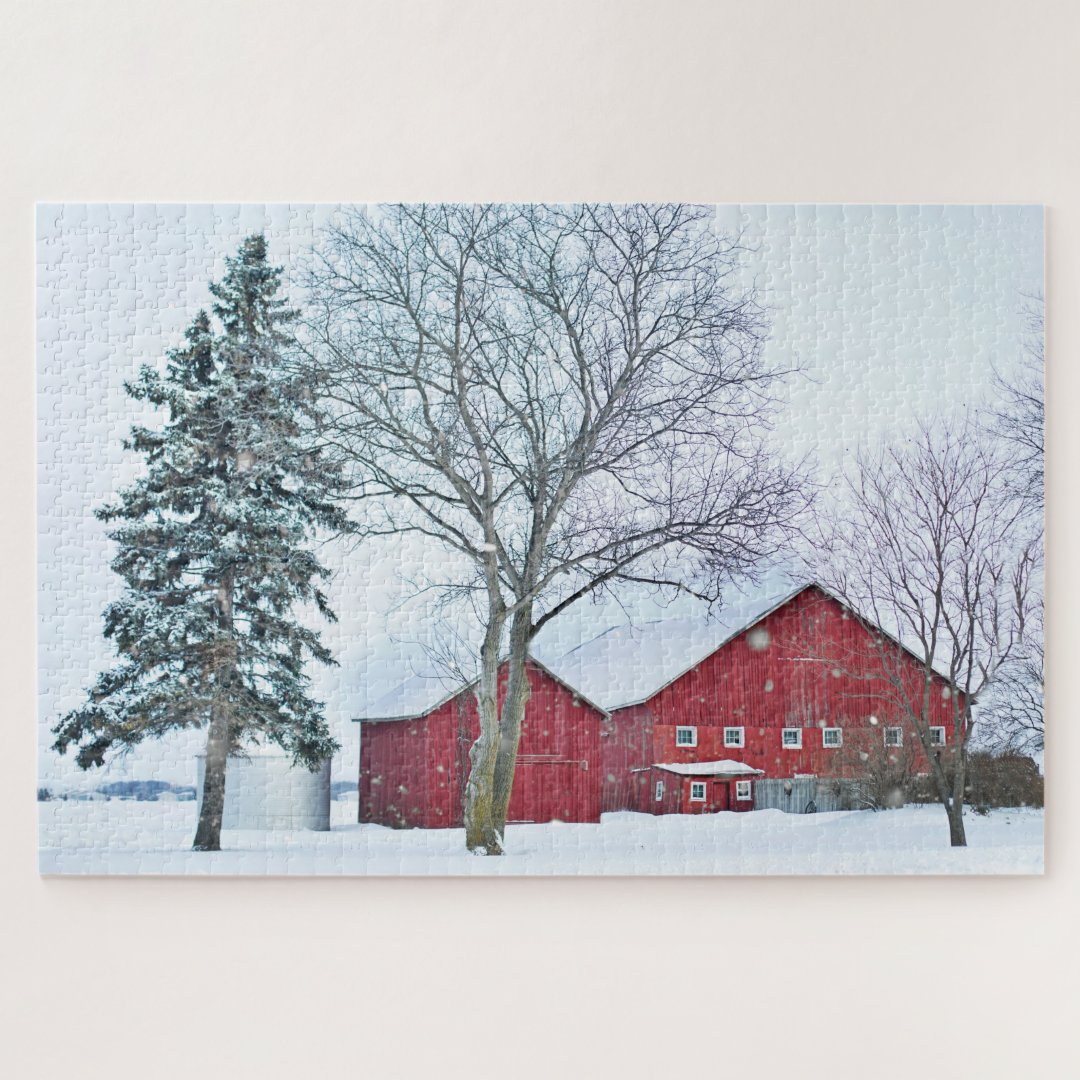 Rustic Red Country Barn Winter Snow Farm Landscape Jigsaw Puzzle | Zazzle
