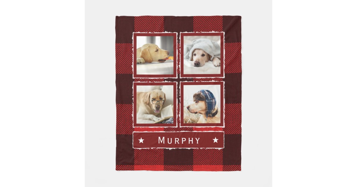 Rustic Red Denim Buffalo Plaid Photo Collage Dog Fleece Blanket | Zazzle