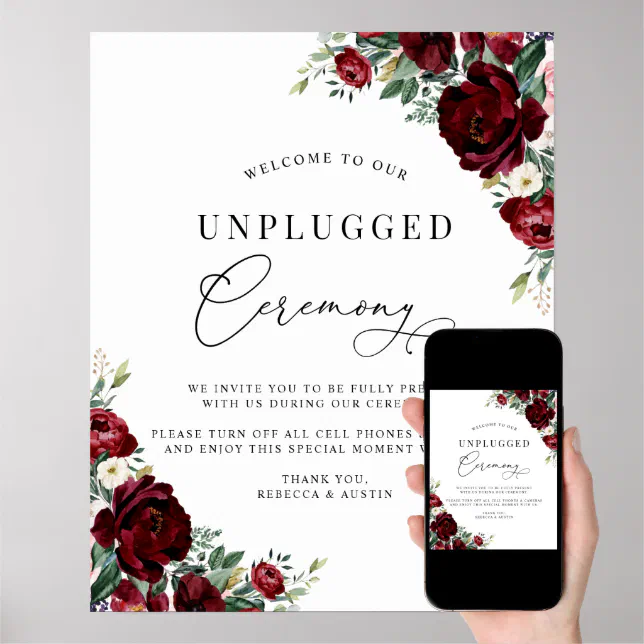 Rustic Red Fall Floral Wedding Unplugged Ceremony Poster | Zazzle