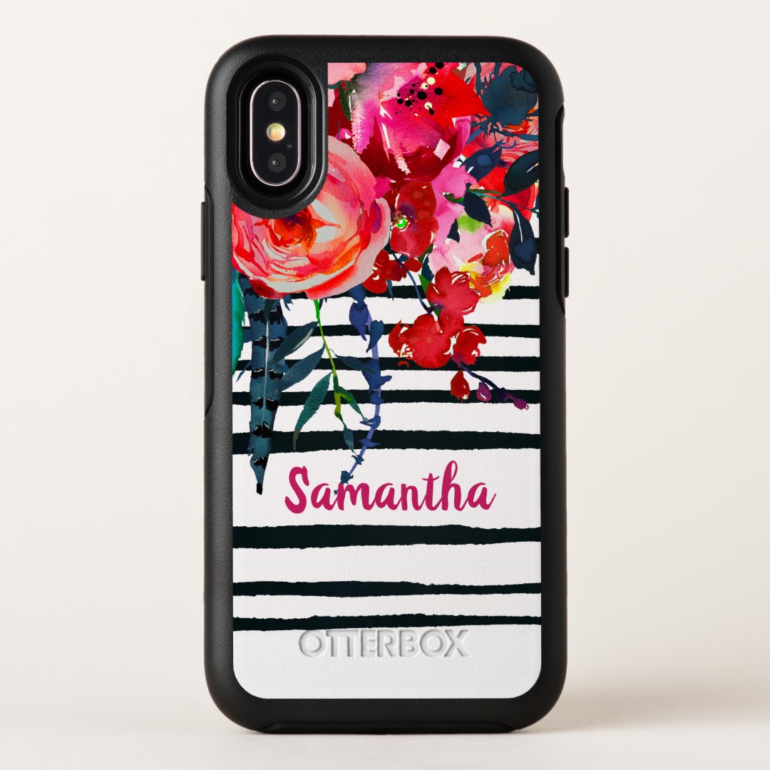 Rustic Red Floral and Stripes Personalized OtterBox iPhone Case | Zazzle