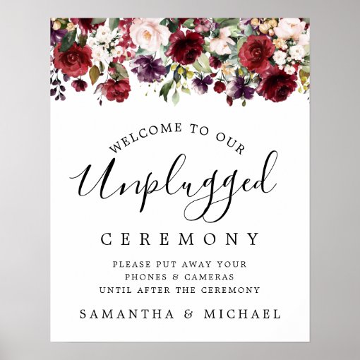 Rustic Red Floral Unplugged Wedding Ceremony Sign | Zazzle