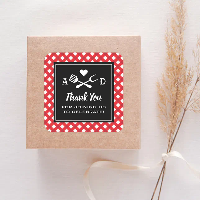 Rustic Red Gingham BBQ Wedding Thank You Square Sticker | Zazzle