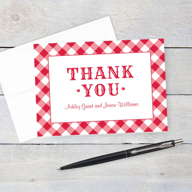 Rustic Red Gingham Plaid Wedding Monogram Thank Yo Thank You Card | Zazzle