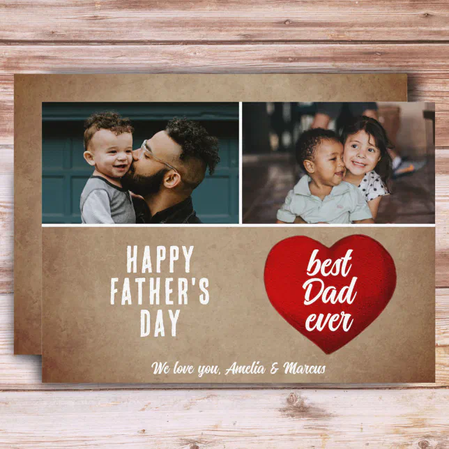 Rustic Red Heart Best Dad Ever Daddy 2 Photo Card | Zazzle