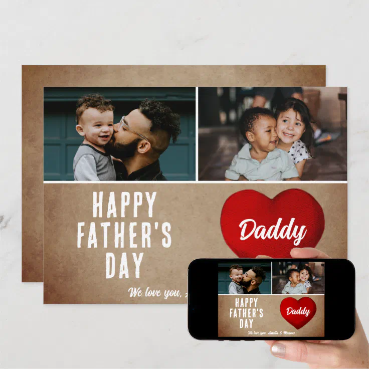 Rustic Red Heart Happy Father's Day Daddy 2 Photo Card | Zazzle