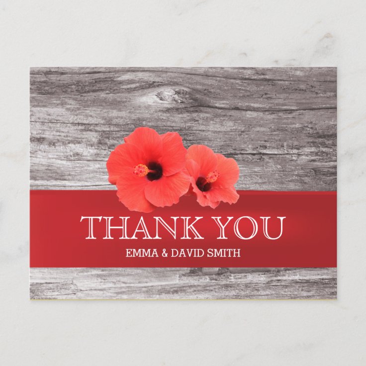 Rustic Red Hibiscus Wood Background Thank You Postcard | Zazzle