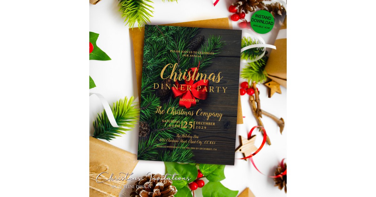 Rustic Red Loop Gold Christmas Party Invitation | Zazzle
