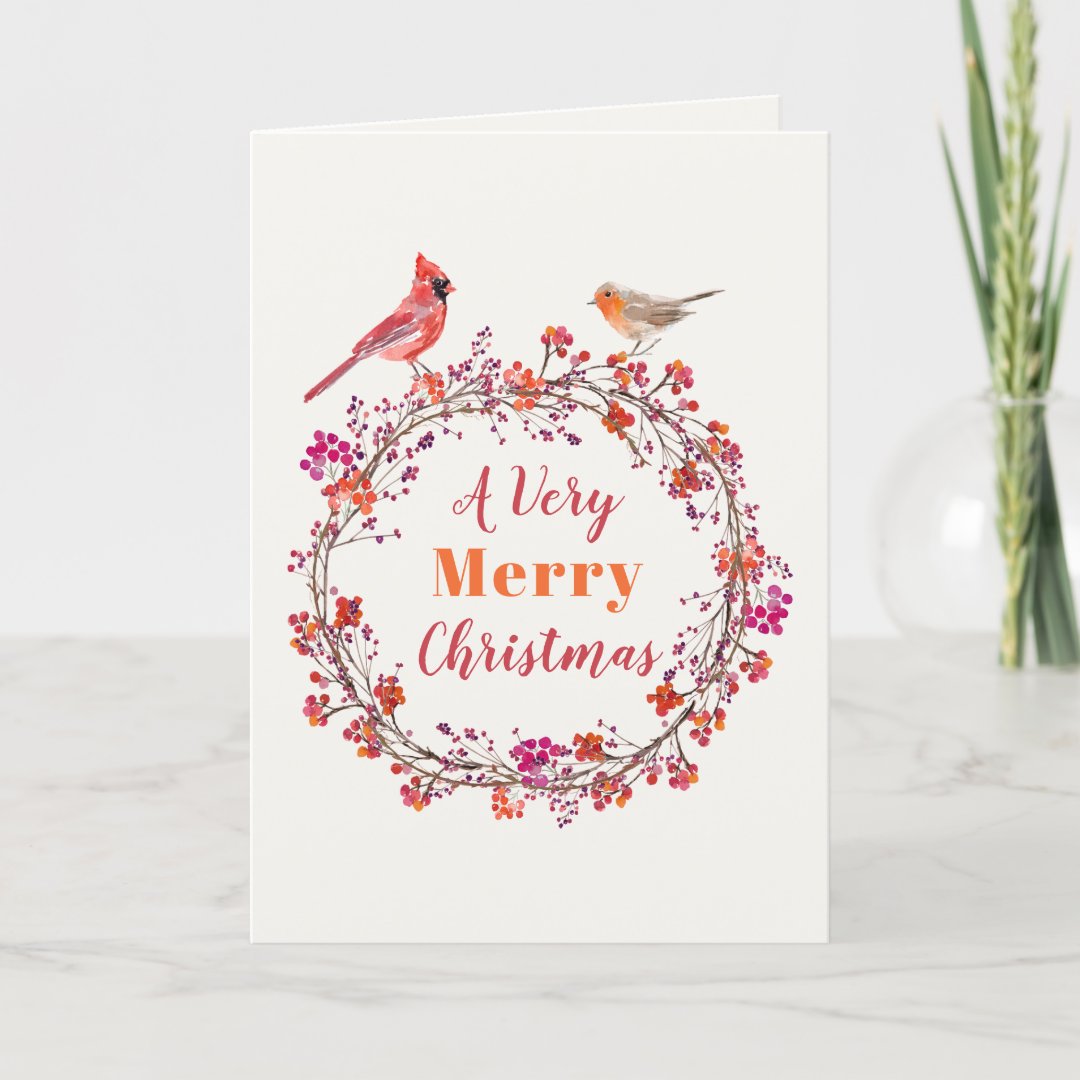 Rustic red pink and orange holly Christmas wreath Holiday Card | Zazzle
