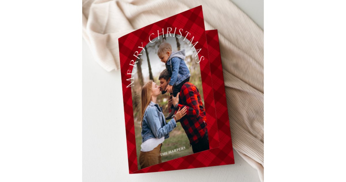 Rustic Red Plaid Arch Photo Christmas Holiday Card | Zazzle