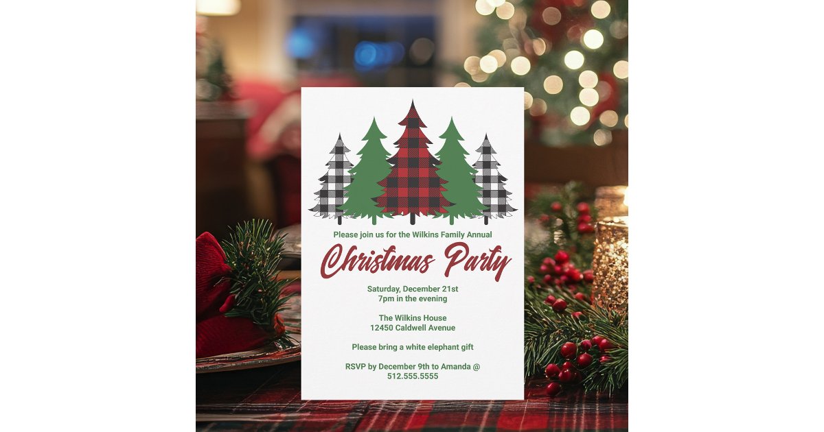 Rustic Red Plaid Green Trees Christmas Party Invitation | Zazzle