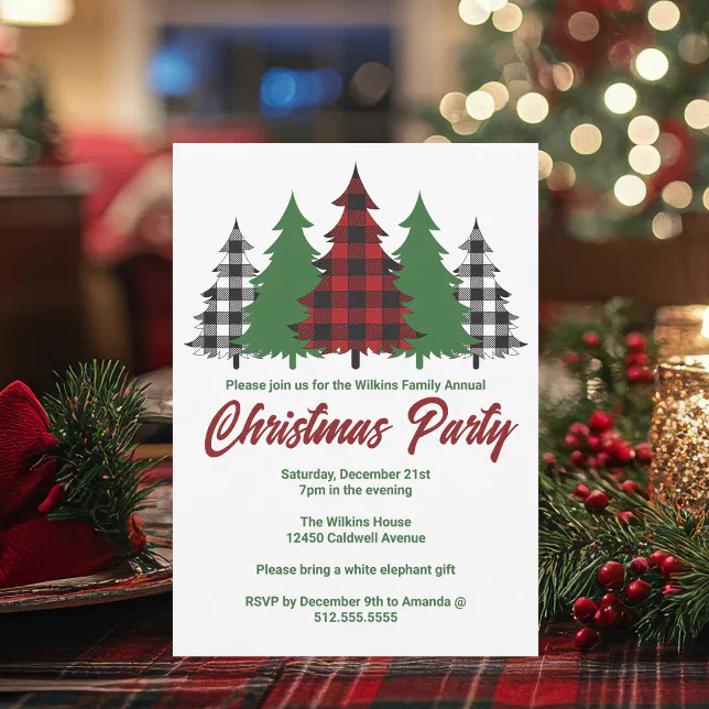 Rustic Red Plaid Green Trees Christmas Party Invitation | Zazzle
