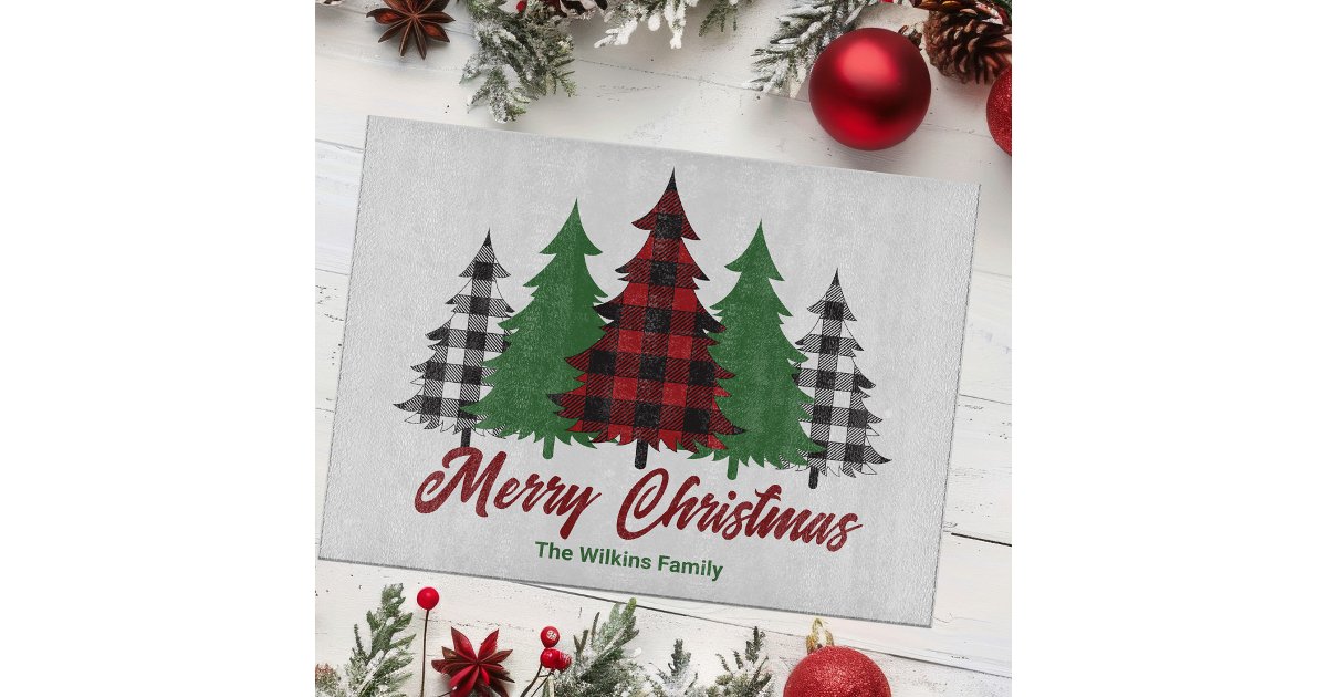 Rustic Red Plaid Merry Christmas Trees Custom Cutting Board | Zazzle