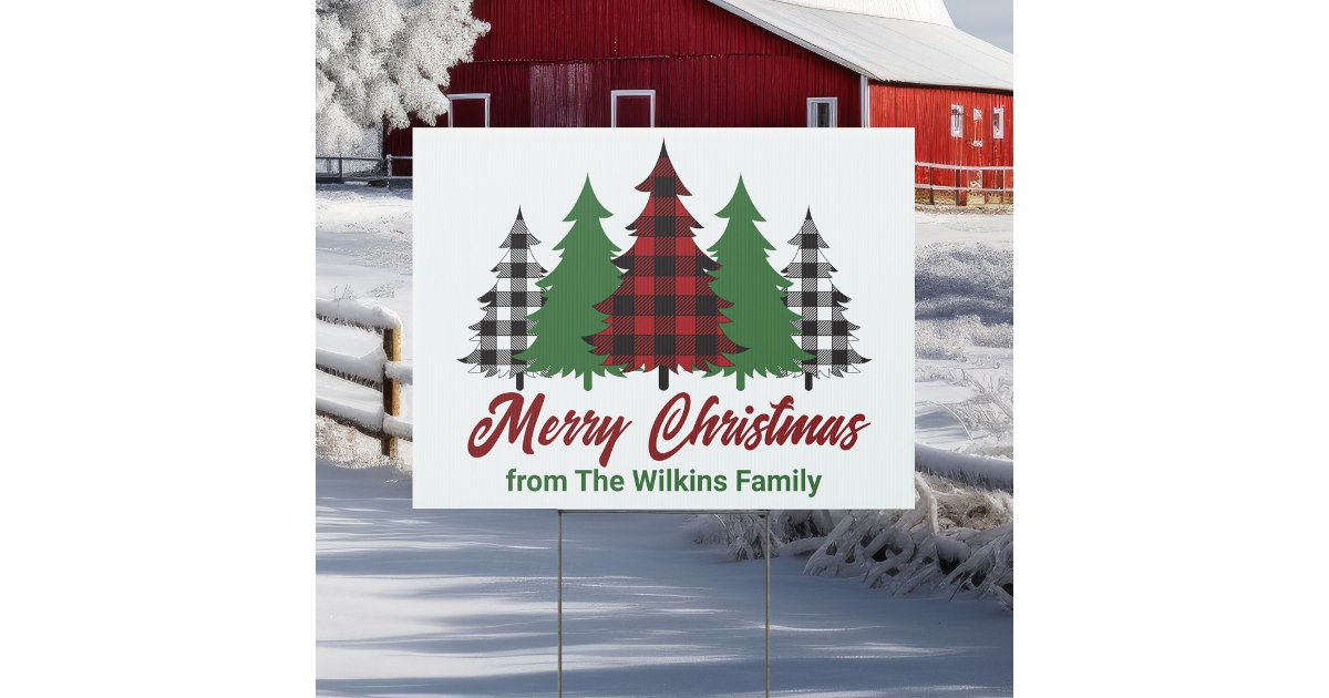 Rustic Red Plaid Merry Christmas Trees Custom Yard Sign | Zazzle