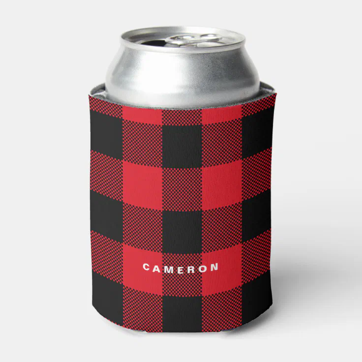 Rustic Red Plaid Pattern Holiday Personalized Can Cooler | Zazzle