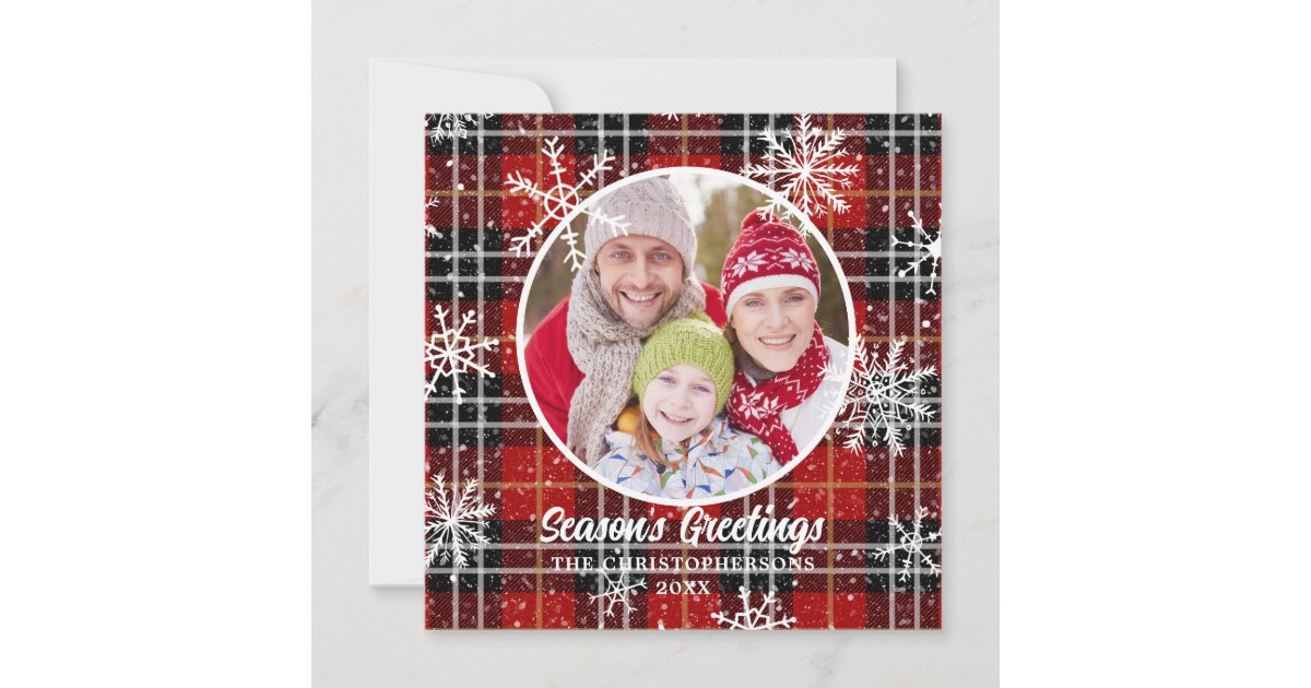 Rustic Red Plaid Snowflakes Custom Greeting Holiday Card | Zazzle