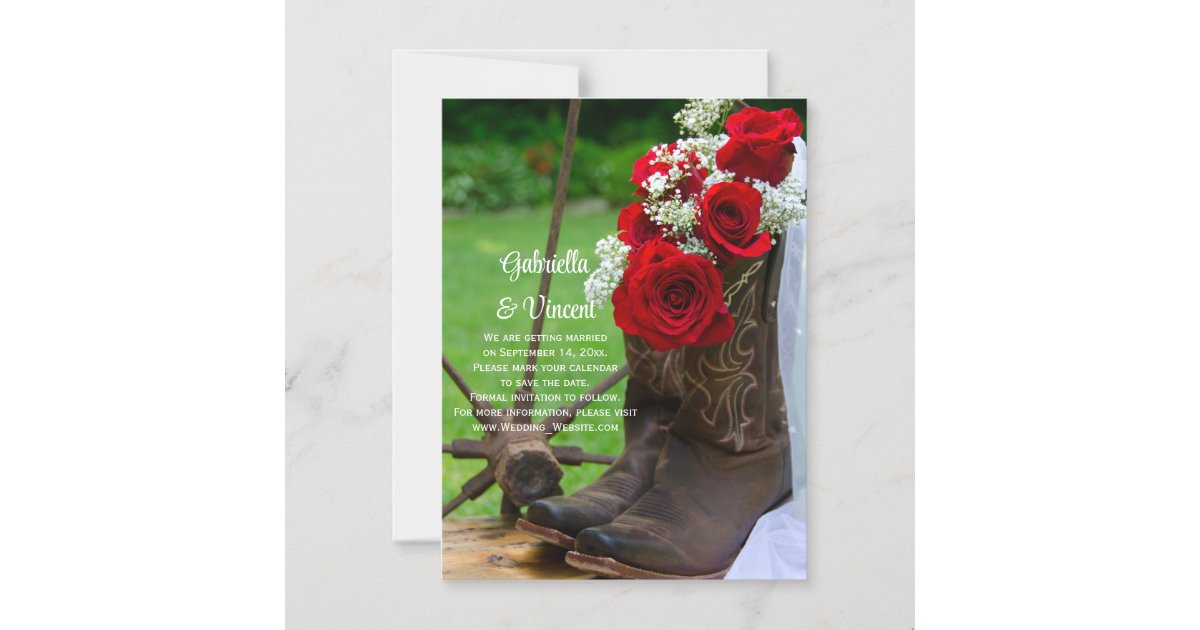 Rustic Red Rose Cowboy Boots Wedding Save the Date Magnetic Invitation ...
