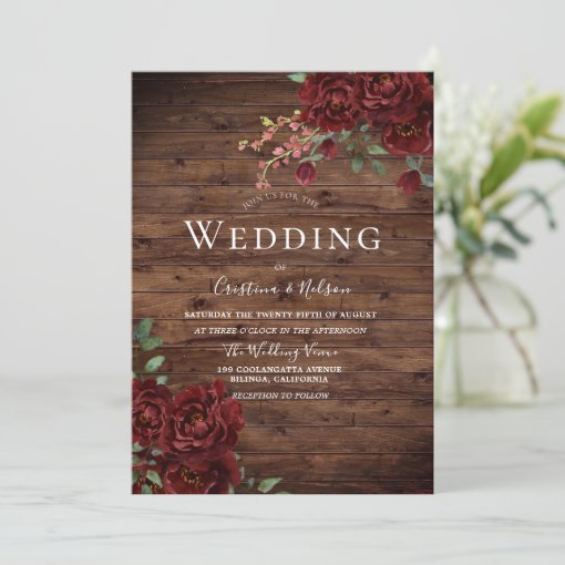 Rustic Red Rose Romantic Floral Wedding Invitation | Zazzle