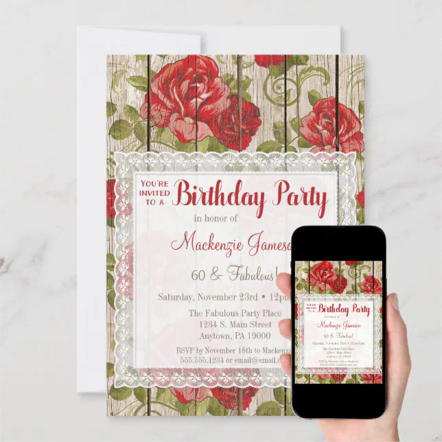 Rustic Red Roses Birthday Invitation Lace Wood | Zazzle