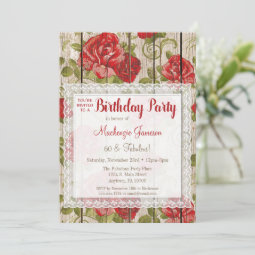 Rustic Red Roses Birthday Invitation Lace Wood | Zazzle
