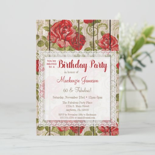 Rustic Red Roses Birthday Invitation Lace Wood | Zazzle
