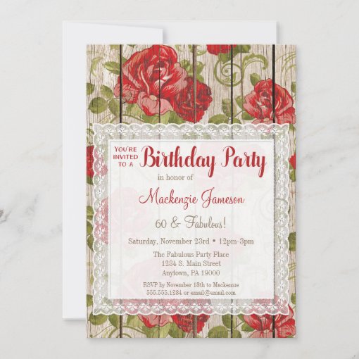 Rustic Red Roses Birthday Invitation Lace Wood | Zazzle