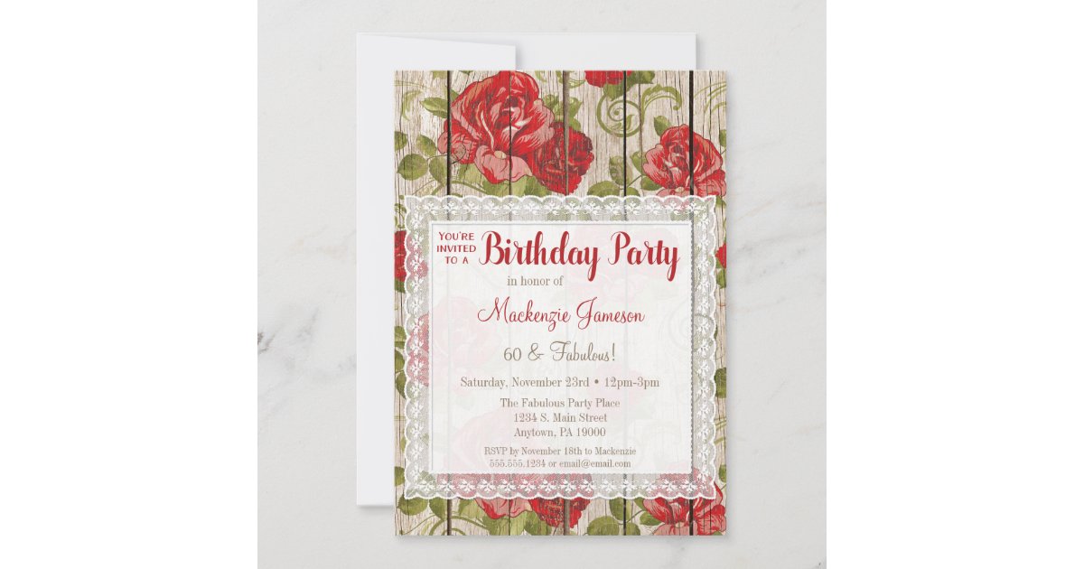 Rustic Red Roses Birthday Invitation Lace Wood | Zazzle