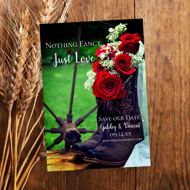 Rustic Red Roses Cowboy Boots Western Wedding Save The Date | Zazzle