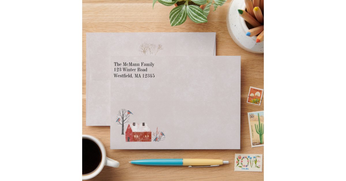 Rustic Red Saltbox Home in Wintery Scene Birds Fox Envelope | Zazzle