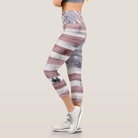 Rustic Red White Blue Wood USA flag Monogram Capri Leggings | Zazzle.com