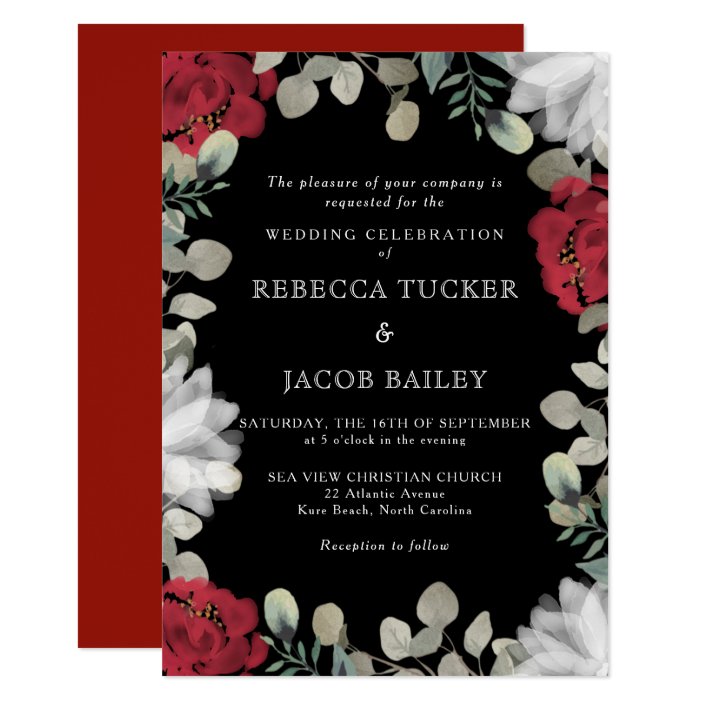 Rustic Red & White Floral Greenery Black Wedding Invitation | Zazzle.com